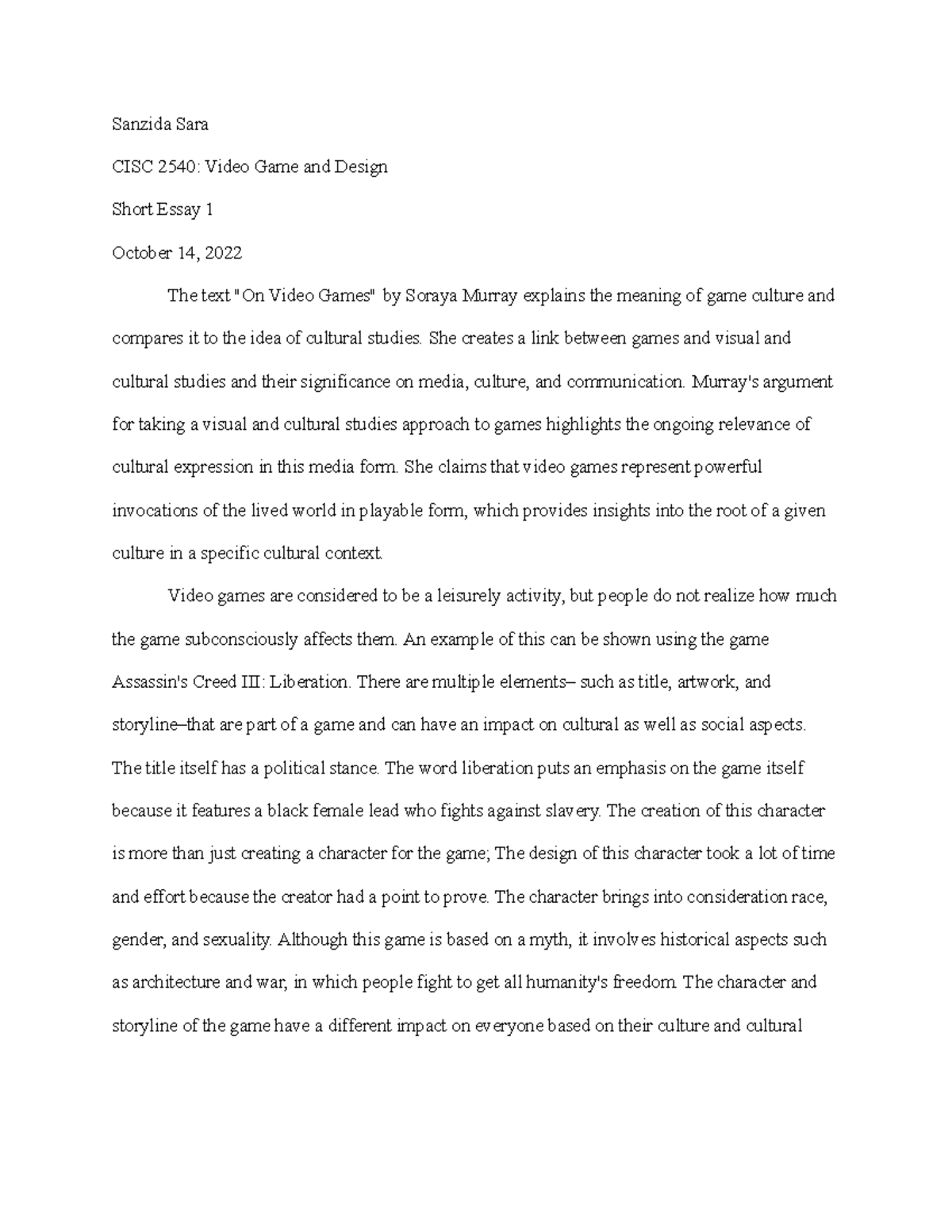 Video Game paper - wewf - Sanzida Sara CISC 2540: Video Game and Design ...