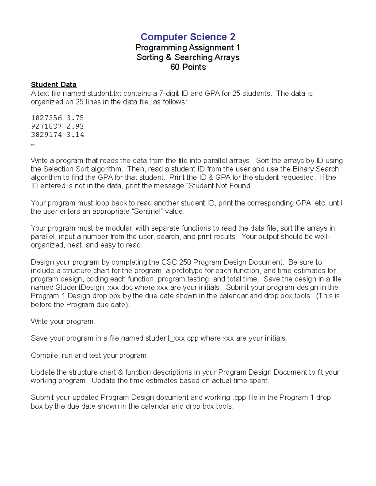 CSC250Program 1Directions S 19 - Computer Science 2 Programming ...