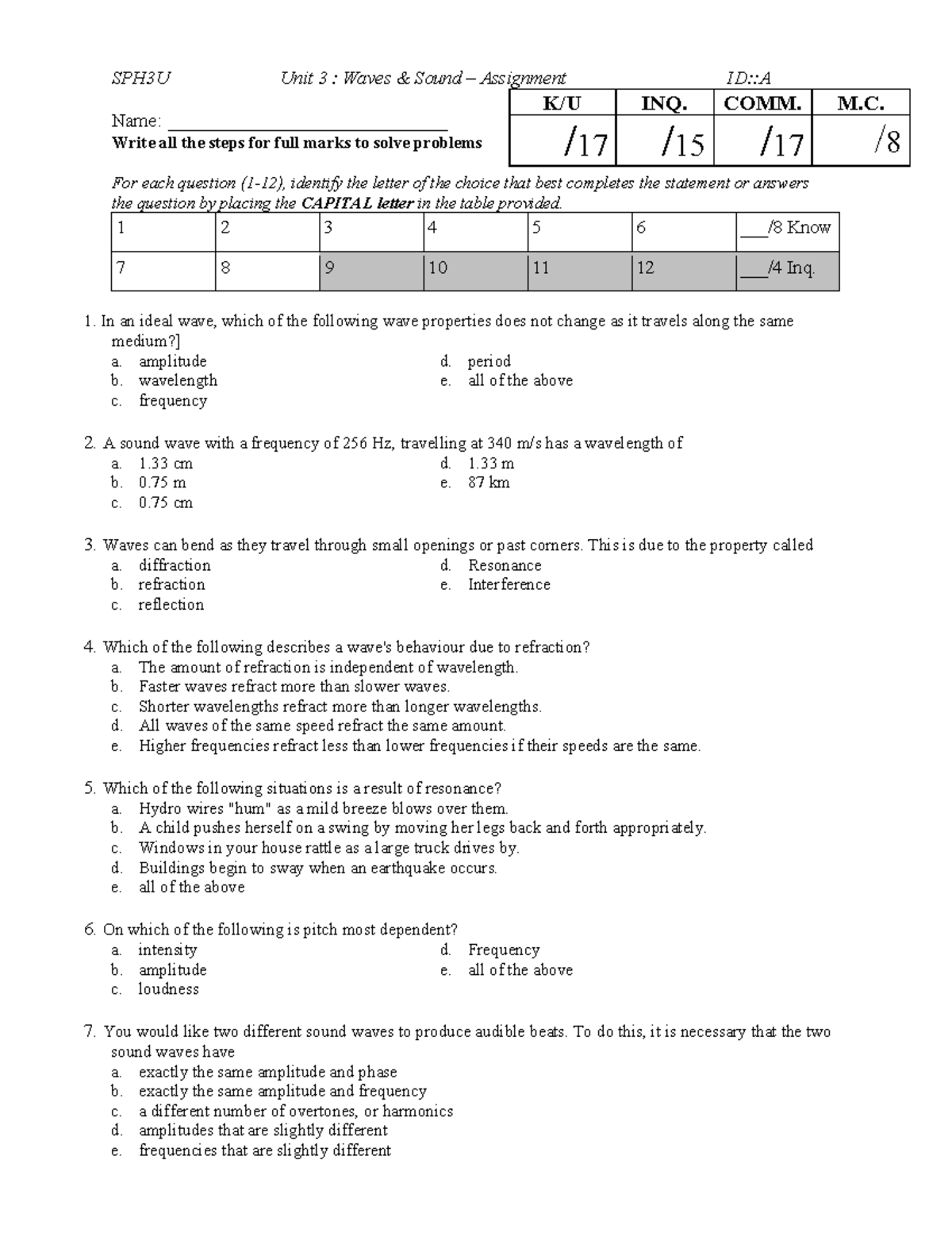 Assignment 4 - idk - SPH3U Unit 3 : Waves & Sound – Assignment ID::A ...
