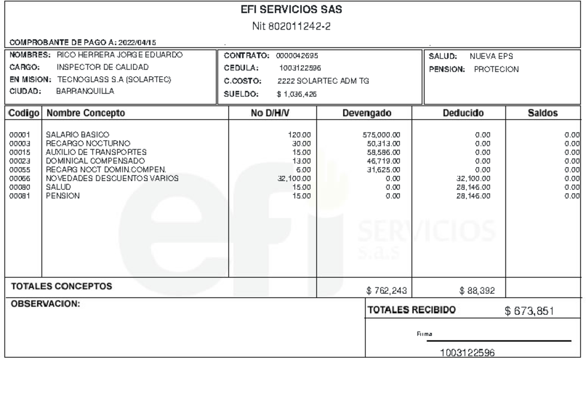 Comprobante - Resumen estructurar cargos - EFI SERVICIOS SAS Nit ...