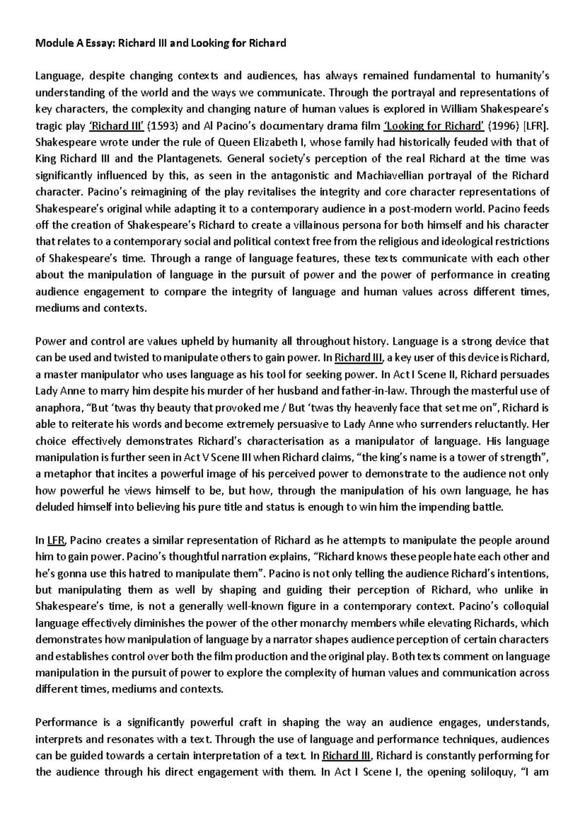 Trial Essay On Richard III and Looking for Richard (Module A) - Module ...