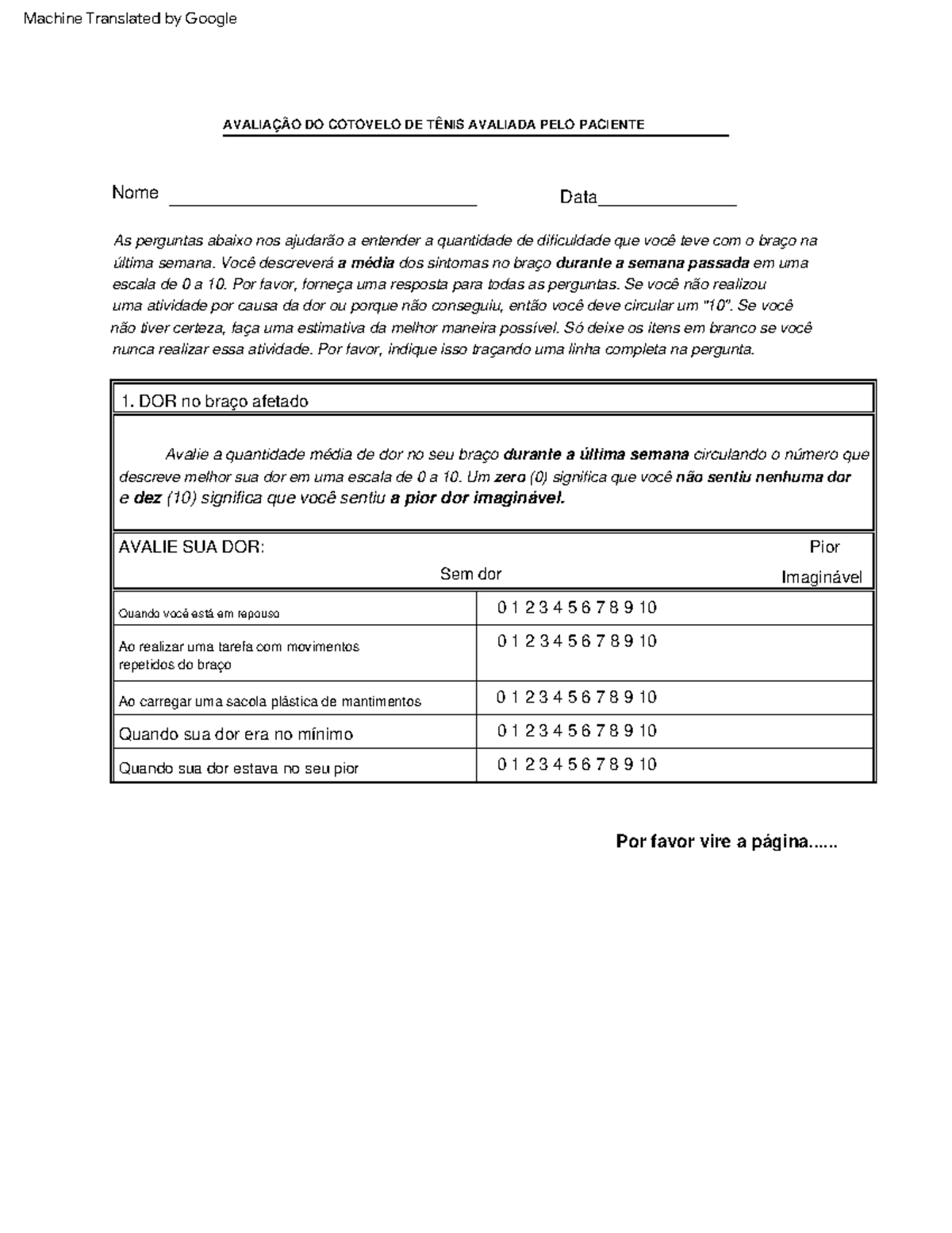 Questionário Prtee - ajuda nas aulas de ortopedia - 0 1 2 3 4 5 6 7 8 9 ...