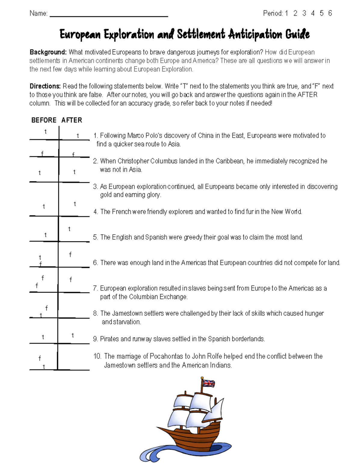 European Exploration Anticipation Guide - Name: Period: 1 2 3 4 5 6 ...