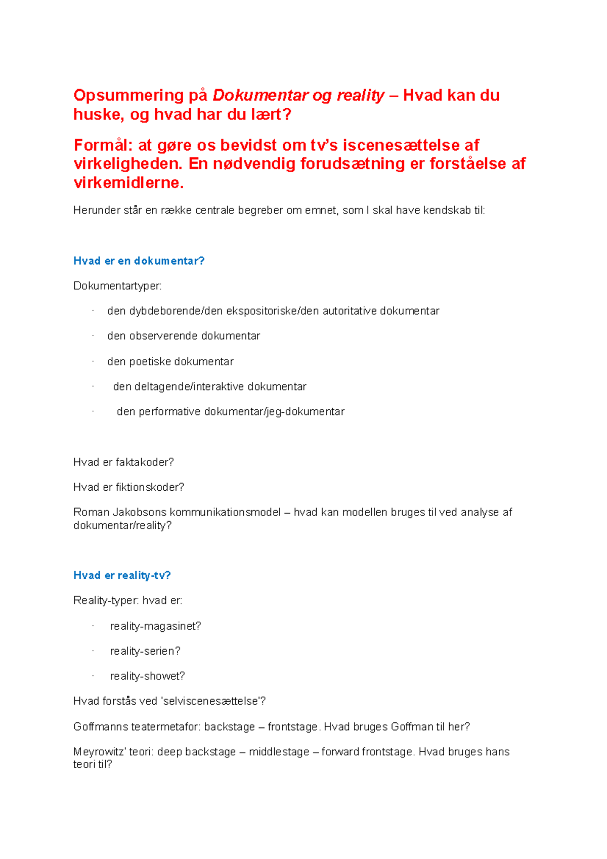 Reality opsumering - werty - Opsummering på Dokumentar og reality ...