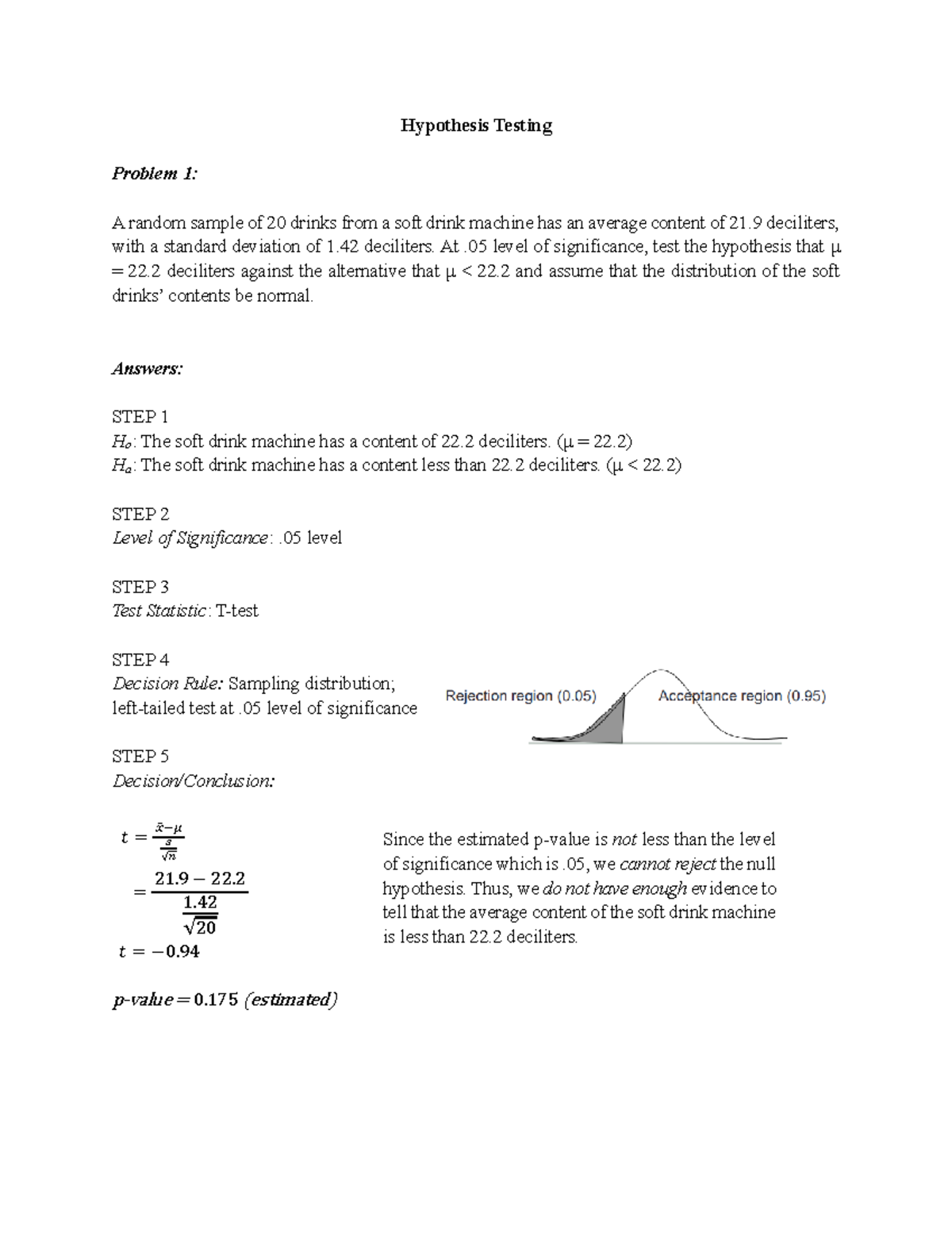 Hypothesis Testing and Linear Regression - Hypothesis Testing Problem 1 ...