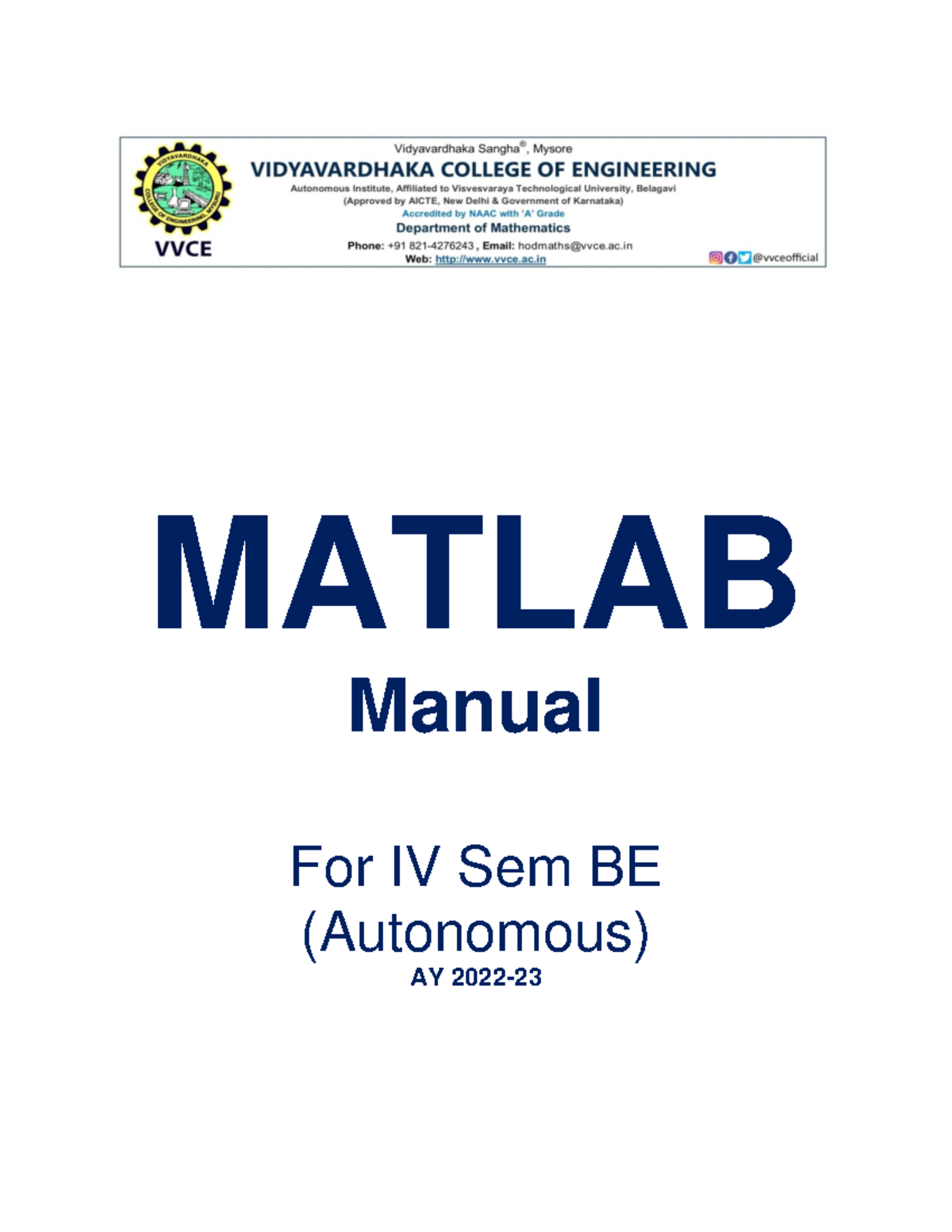 Matlab Manual -21MA41 - MATLAB Manual For IV Sem BE (Autonomous) AY 202 2 - 23 Module – 1 ...