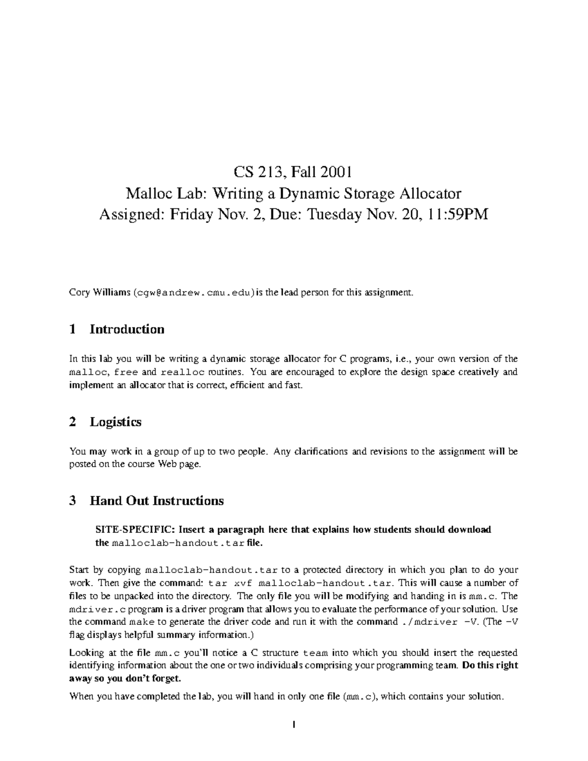 Malloclab - Malloc lab handout - CS 213, Fall 2001 Malloc Lab: Writing a Dynamic Storage ...