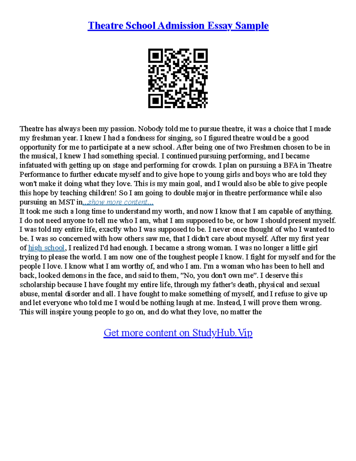 Graduate Admission Essay Sample - Theatre School Admission Essay Sample ...