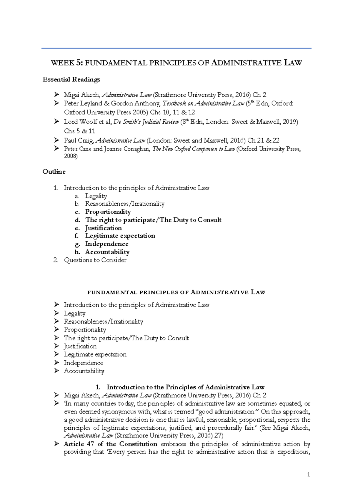 Administrative Law I Week 6 Handout - WEEK 5: FUNDAMENTAL PRINCIPLES OF ...