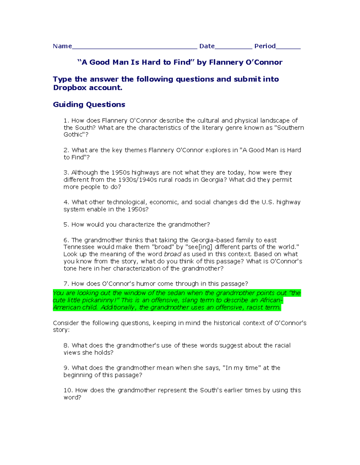 A Good Man Is Hard to Find Discussion Questions - Name ...