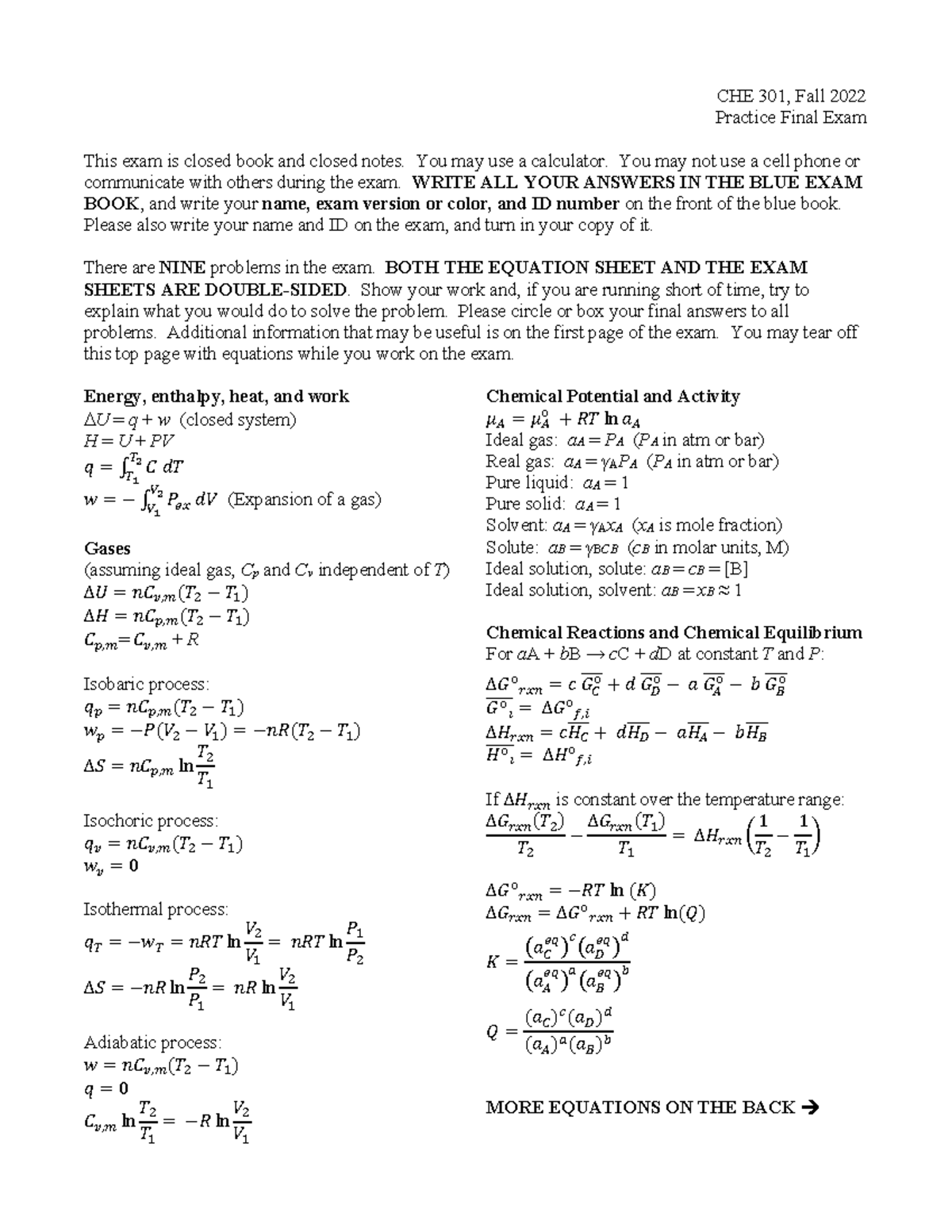 CHE 301 Final Formulas - CHE 301, Fall 2022 Practice Final Exam This ...