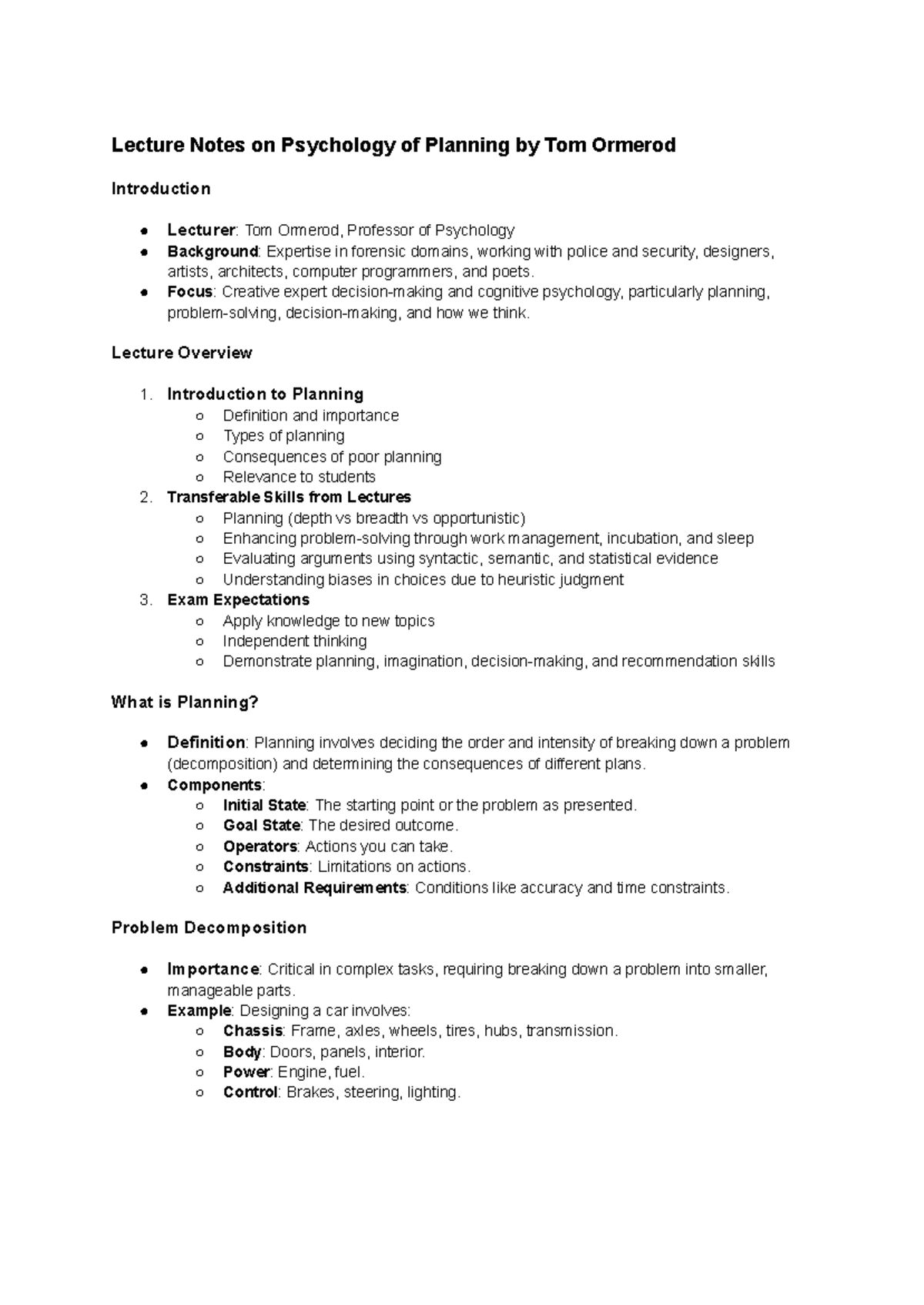 17 - lecture 17 cogn - Lecture Notes on Psychology of Planning by Tom ...