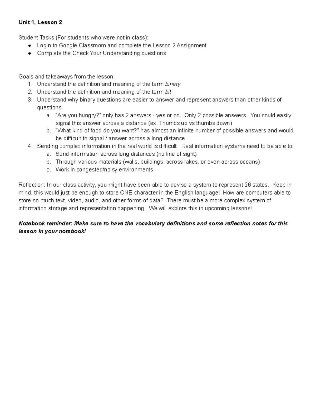 Copy of U1L2 Notes and Overview - Unit 1, Lesson 2 Student Tasks (For ...