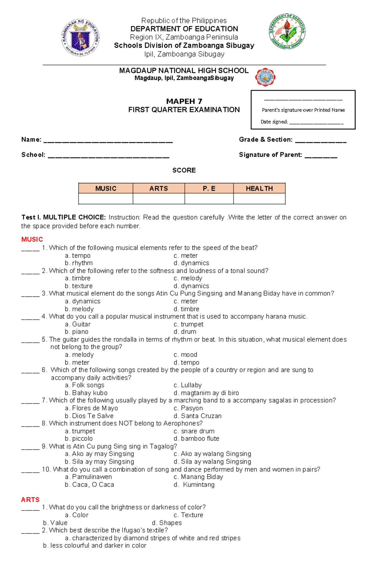 First Grading Mapeh 7 - Republic of the Philippines DEPARTMENT OF ...