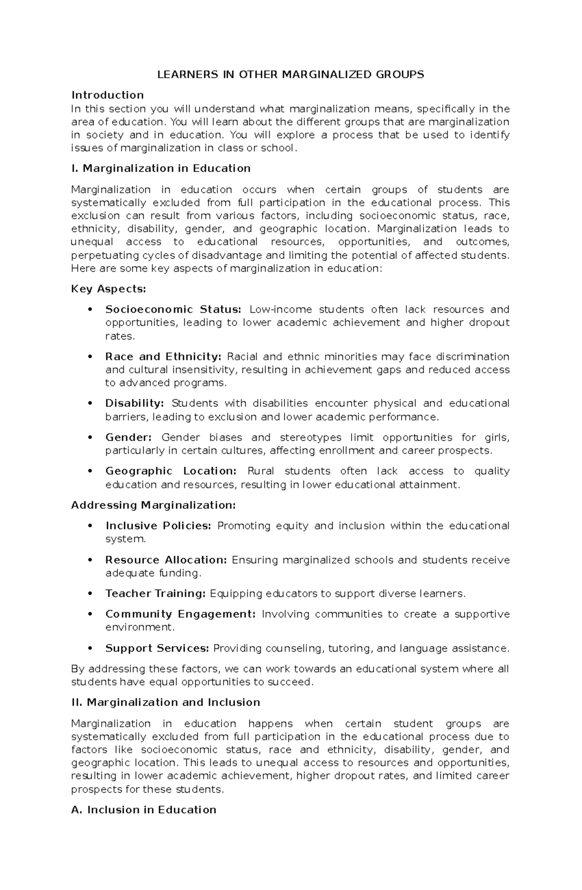 Learners IN Other Marginalized Groups - LEARNERS IN OTHER MARGINALIZED ...