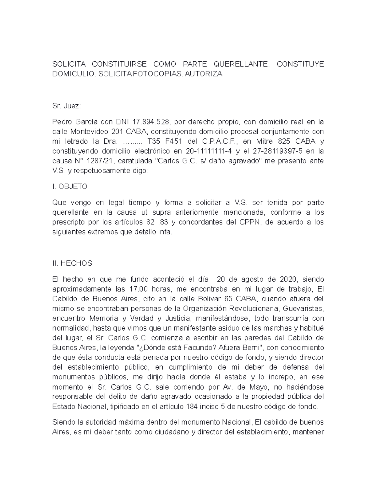 Modelo De Querella SOLICITA CONSTITUIRSE COMO PARTE QUERELLANTE