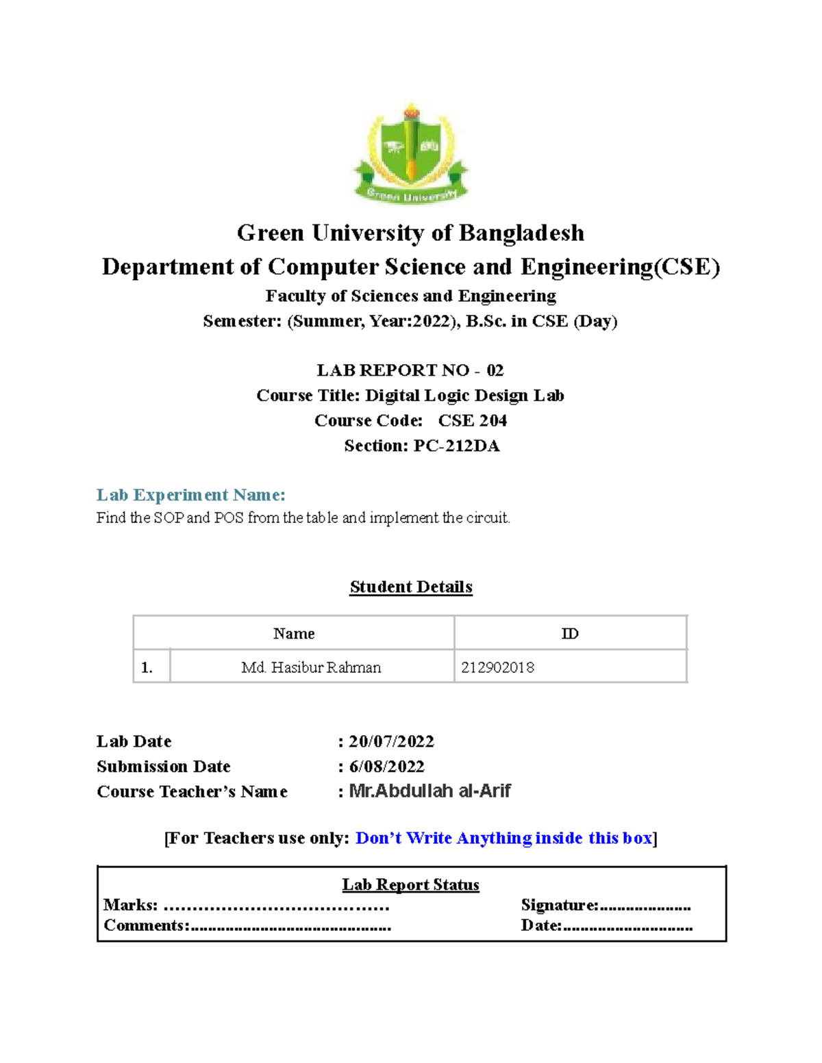 CSE 204 Lab Report 2 - dld lab rept - Green University of Bangladesh ...