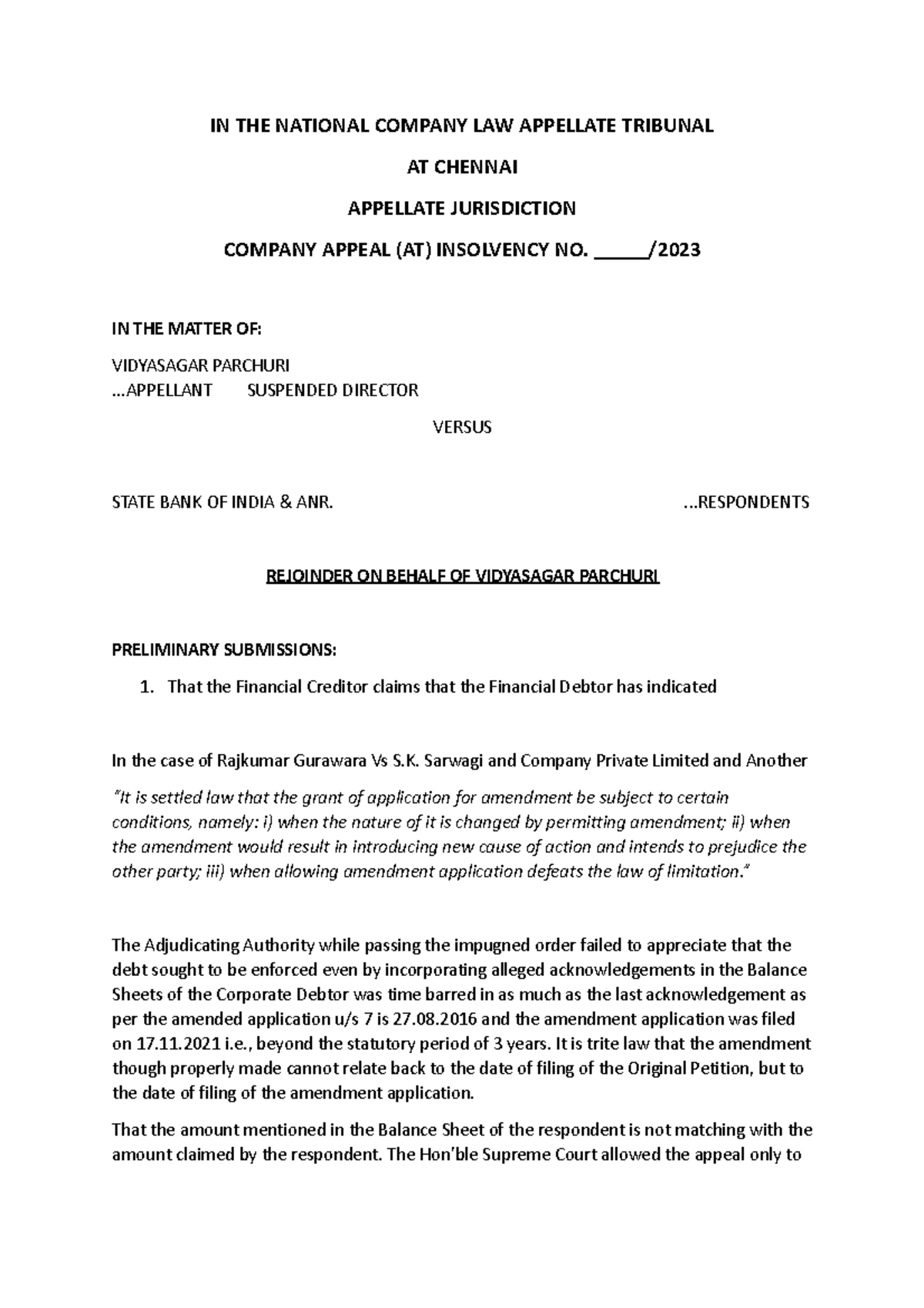 Rejoinder application - IN THE NATIONAL COMPANY LAW APPELLATE TRIBUNAL ...
