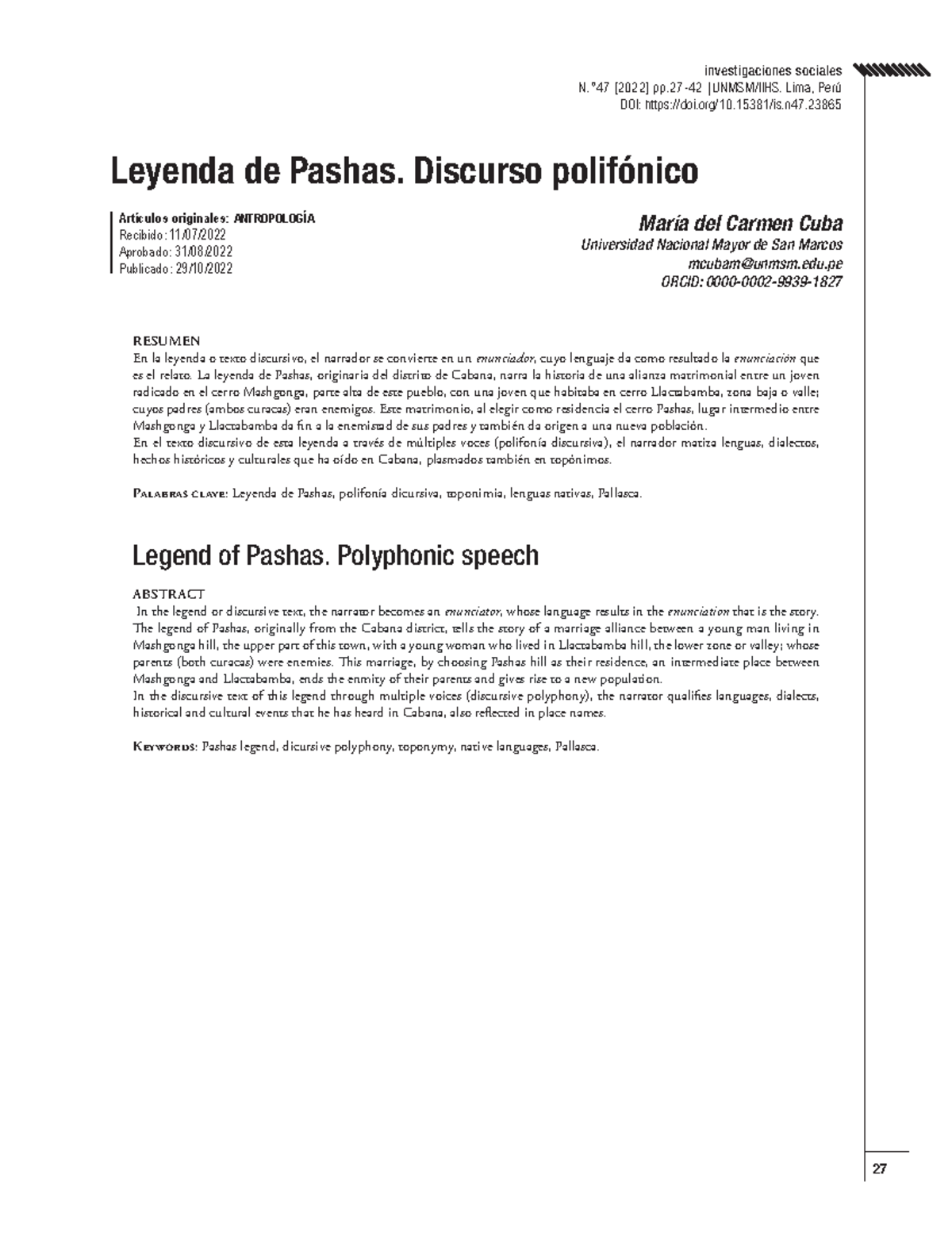 Pashash - investigaciones sociales N.°47 [2022] pp-42 UNMSM/IIHS. Lima ...