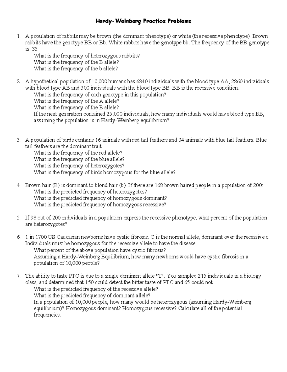 H-W practice problems - Hardy-Weinberg Practice Problems A population ...