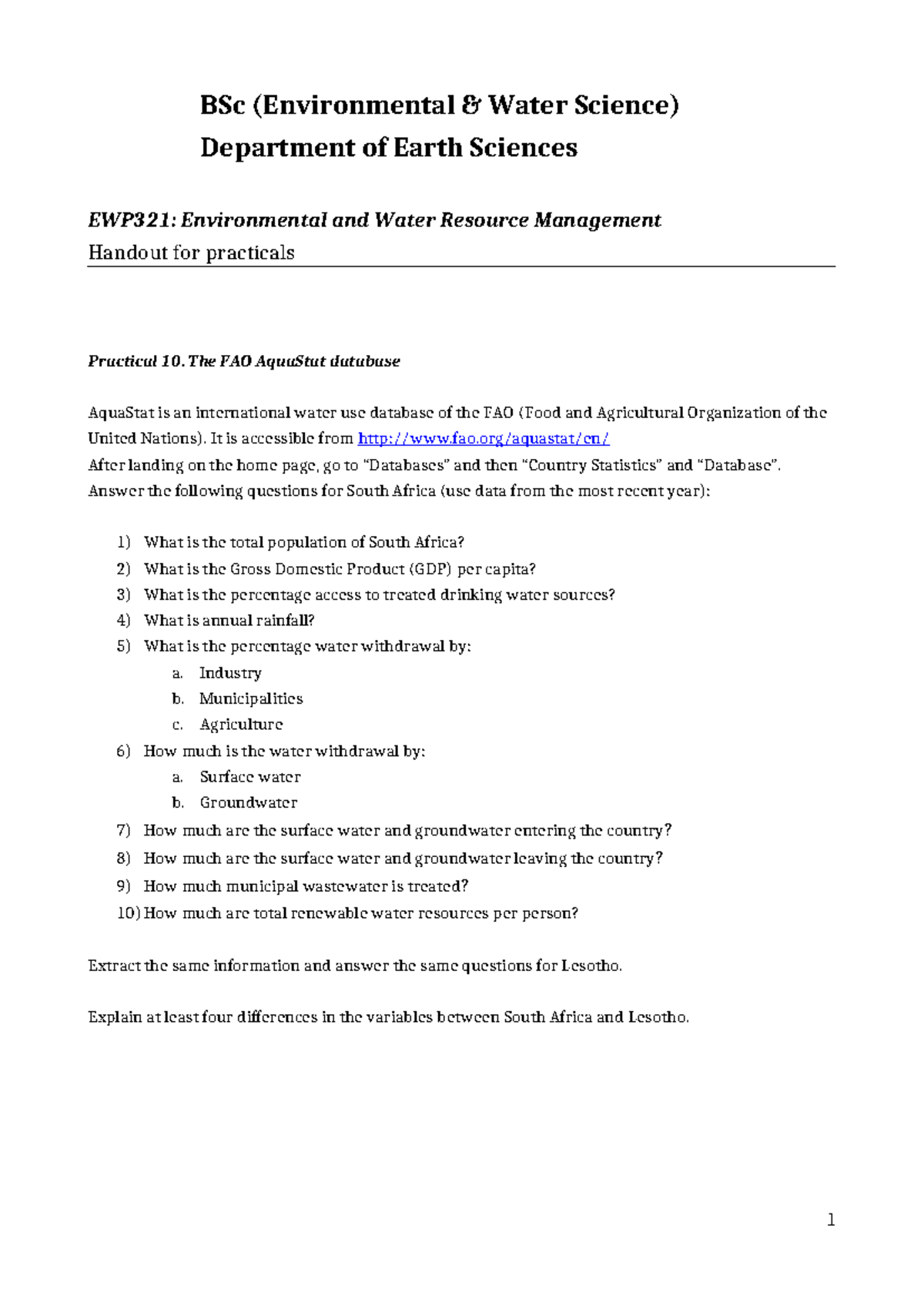 EWP321 Practical 10 - Sdf - BSc (Environmental & Water Science ...