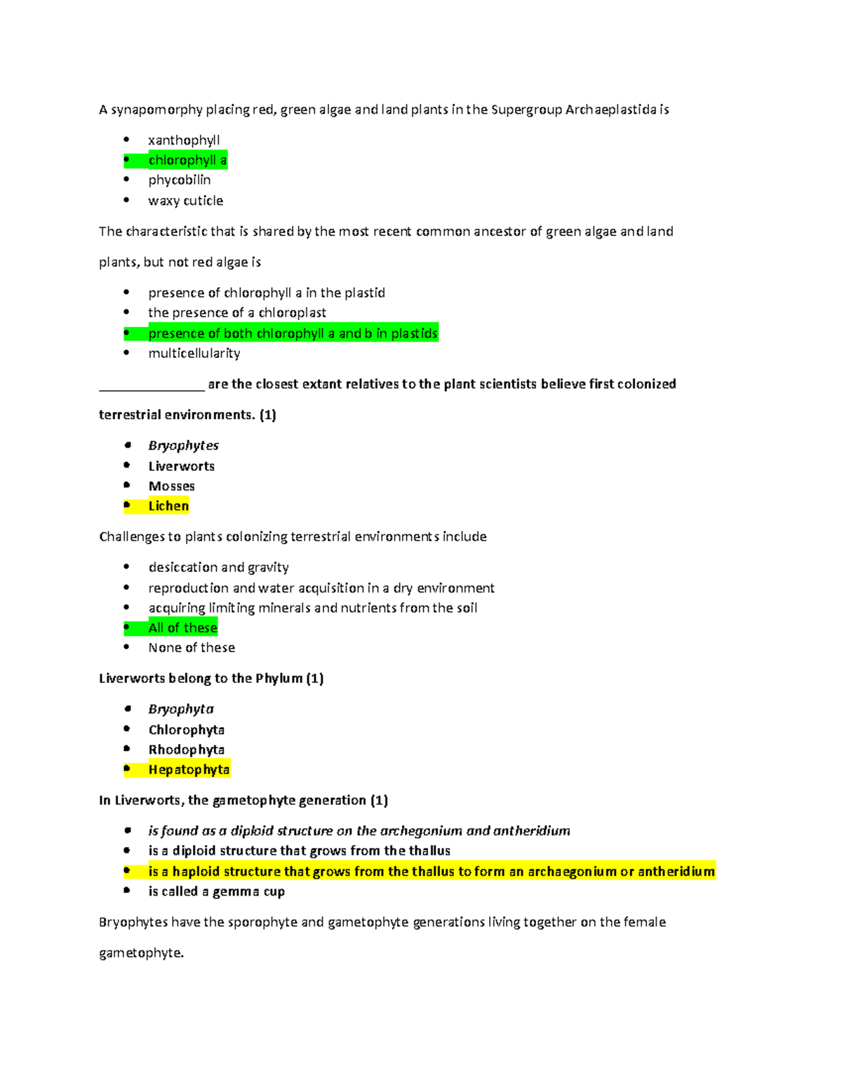 Green Algae Quiz Study Guide - A synapomorphy placing red, green algae ...