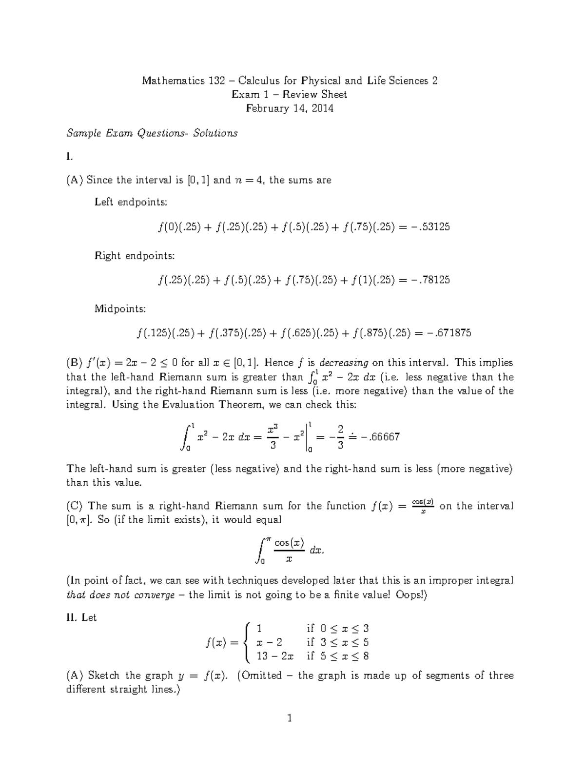 136Ex1Rev Sol - math 136 precalculus practice exam - Mathematics 132 ...