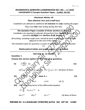TEST Paper-4 XII Math SEM 2 - MATHEMATICS SEMESTER 2 EXAMINATION SET NO ...