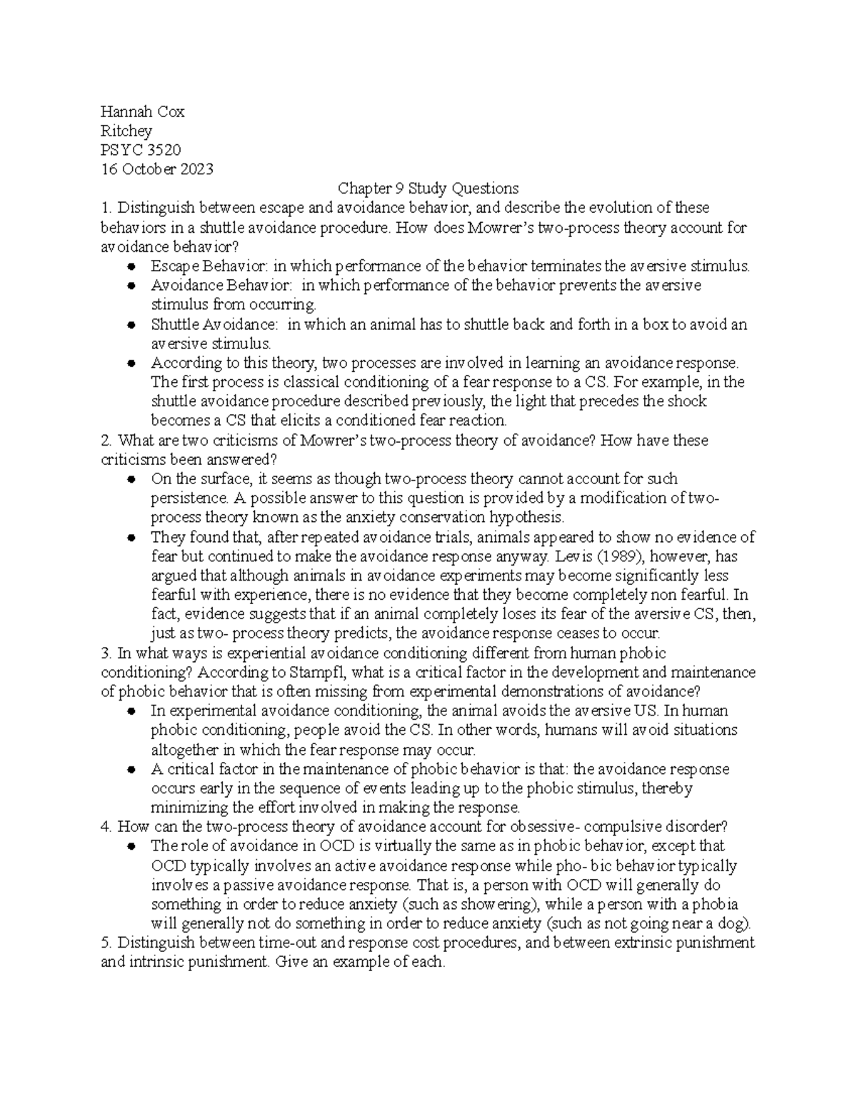 Chapter 9 SQ - Hannah Cox Ritchey PSYC 3520 16 October 2023 Chapter 9 ...