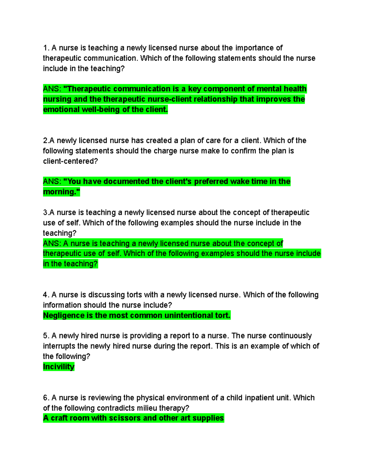 Review - Test questions - 1. A nurse is teaching a newly licensed nurse ...