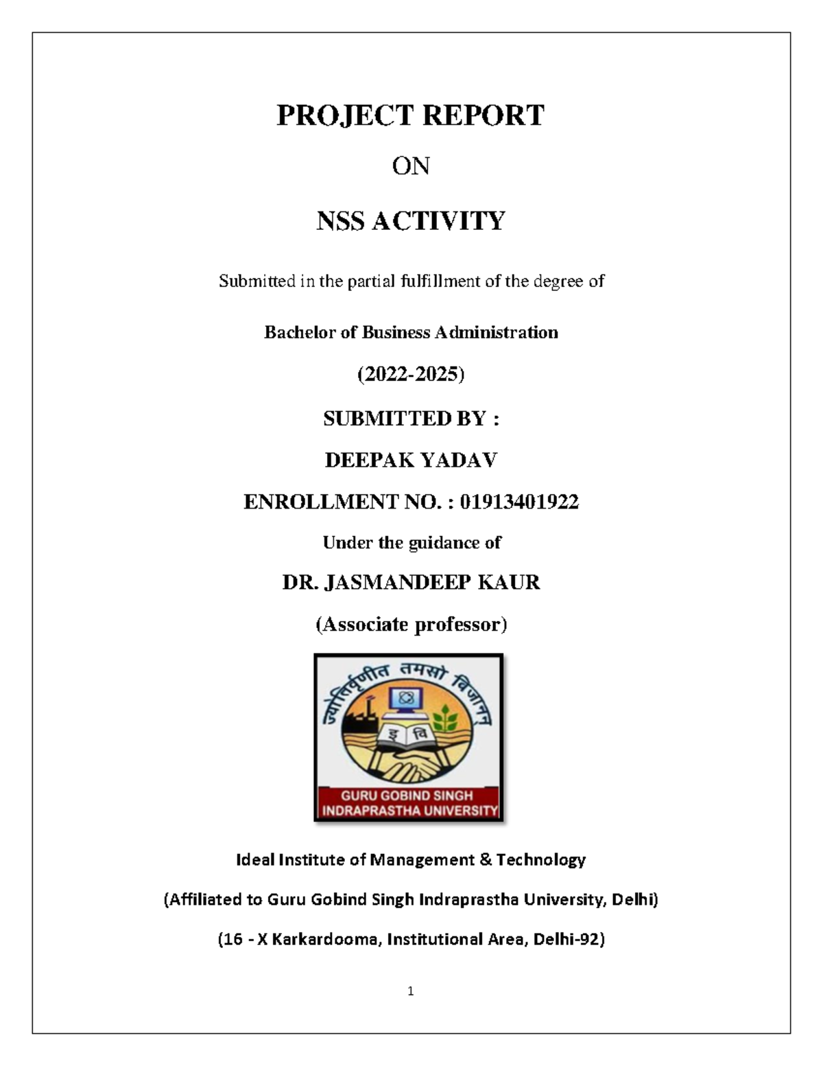 NSS Project Report edited Deepak - PROJECT REPORT ON NSS ACTIVITY ...