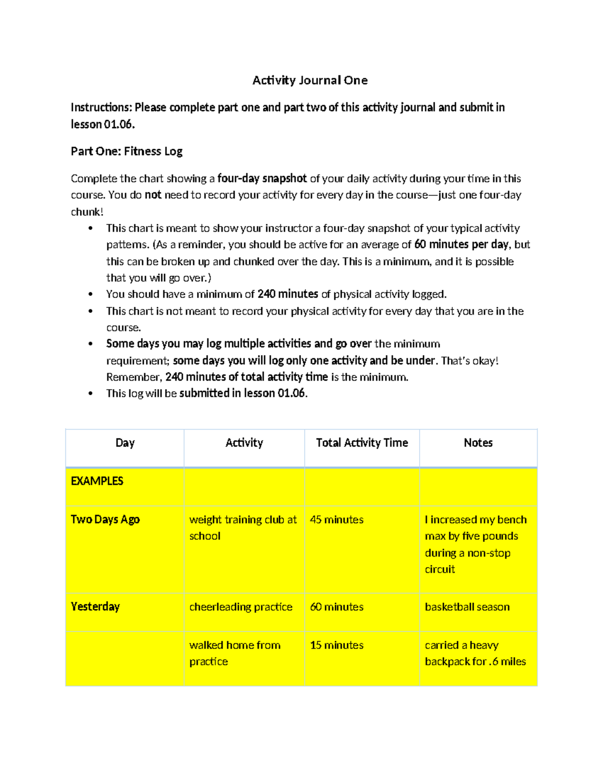 Activity journal 01 - Activity Journal One Instructions: Please ...