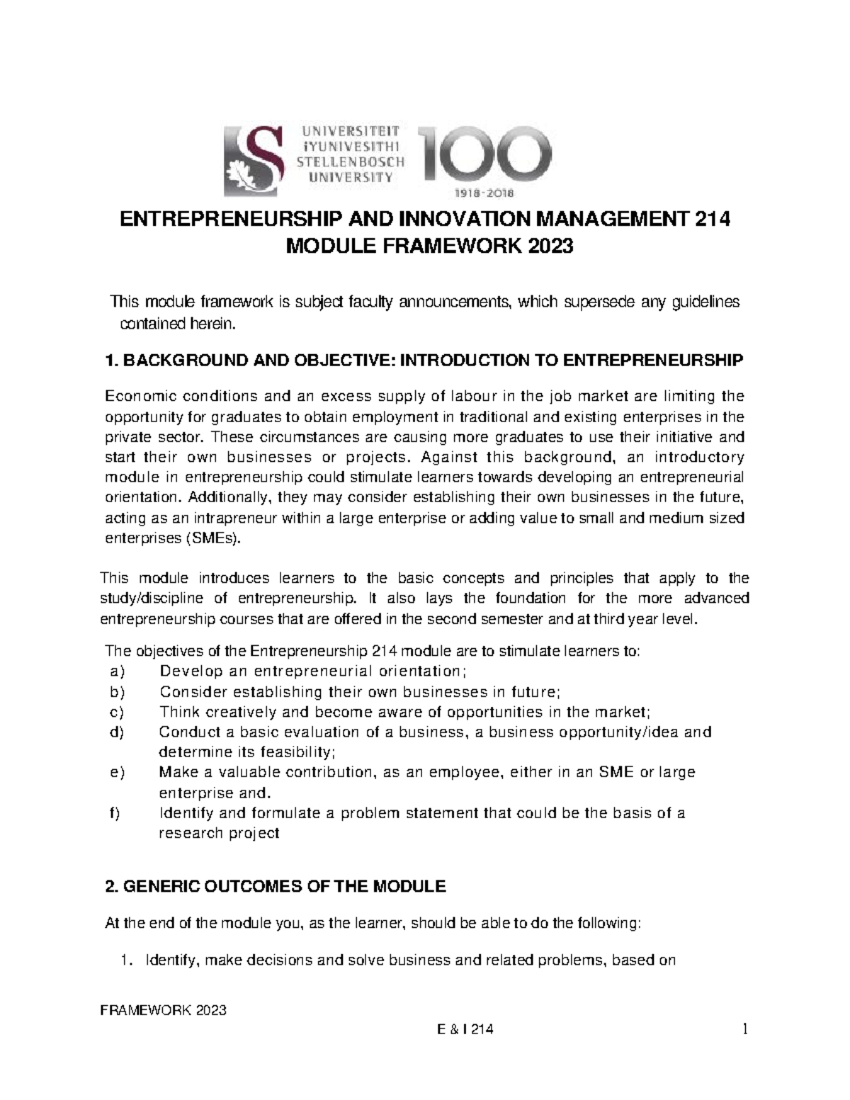 2023 EI 214 Module Framework - FRAMEWORK 2023 ENTREPRENEURSHIP AND ...