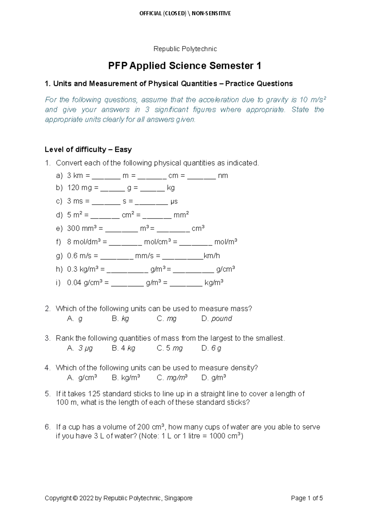 1. Units and Measurements of Physical Quantities (Practice Questions ...