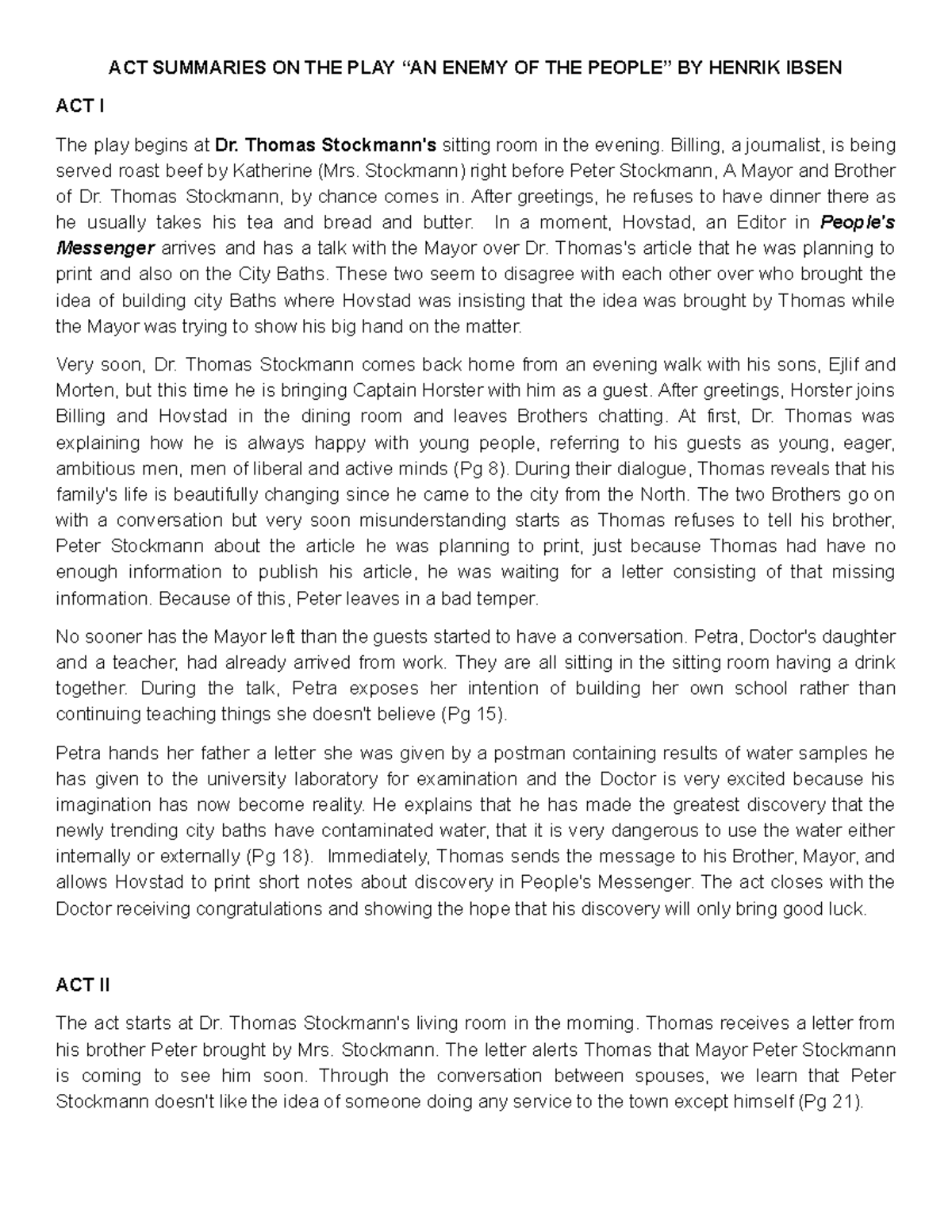 An Enemy of the People By Henrik Ibsen Detailed Act summaries Draft ...