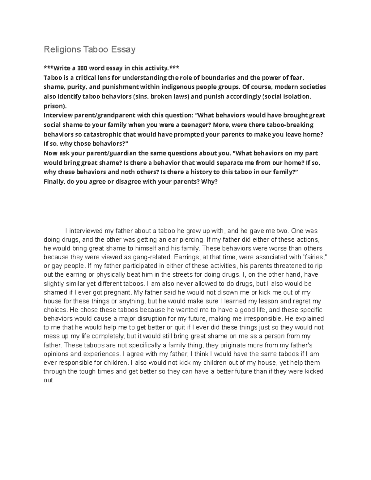PP#2- Taboo - Religions Taboo Essay Write a 300 word essay in this ...