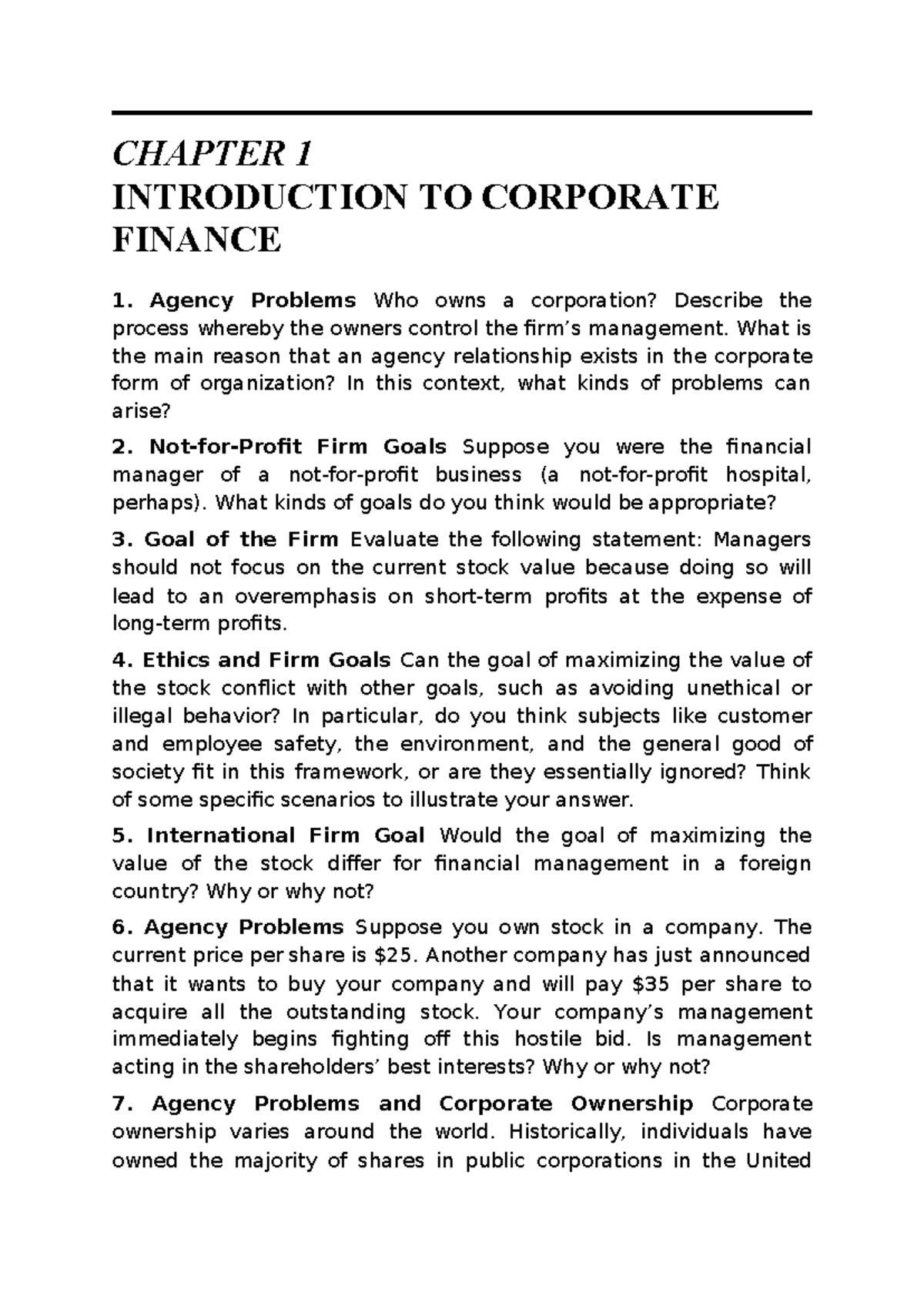 Chapter 1 - (ATC) Concept Questions and Exercises - CHAPTER 1 INTRODUCTION TO CORPORATE FINANCE ...
