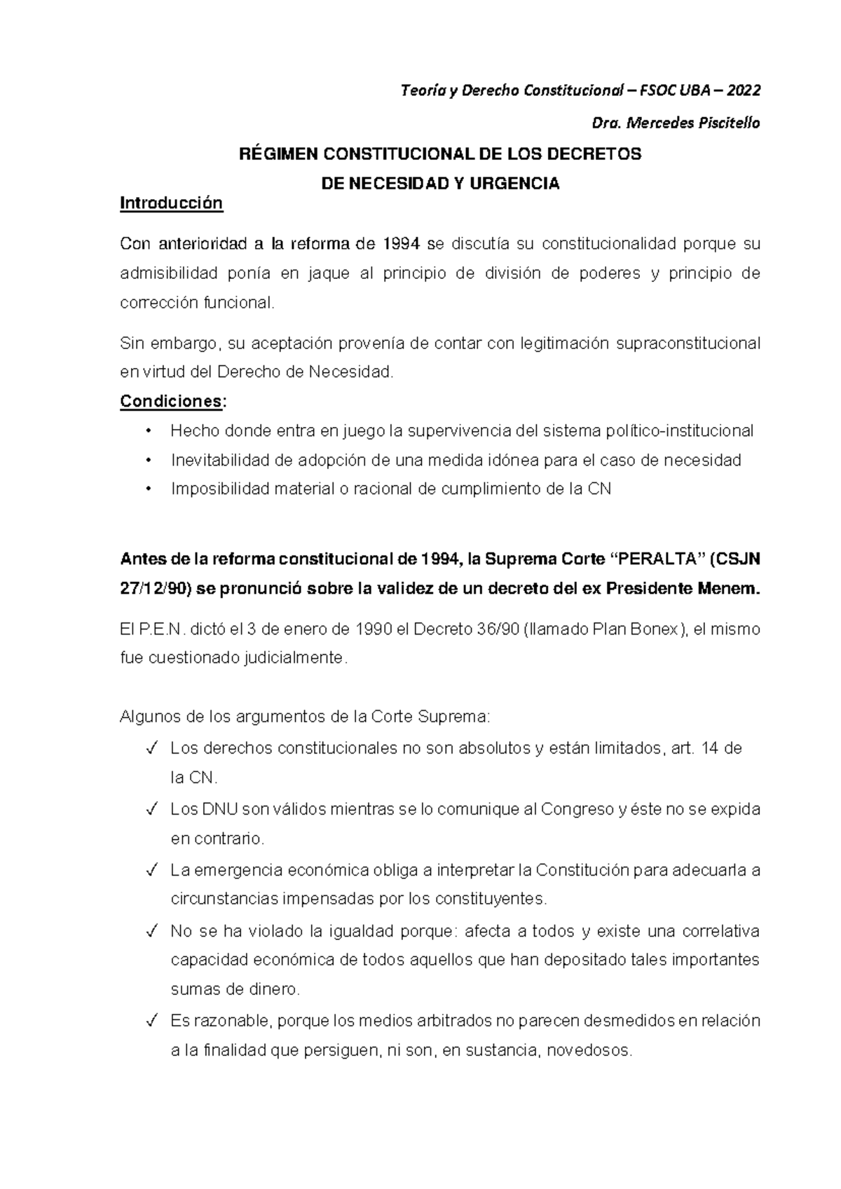 Punteo Régimen Constitucional de los DNU M Piscitello - Teoría y ...