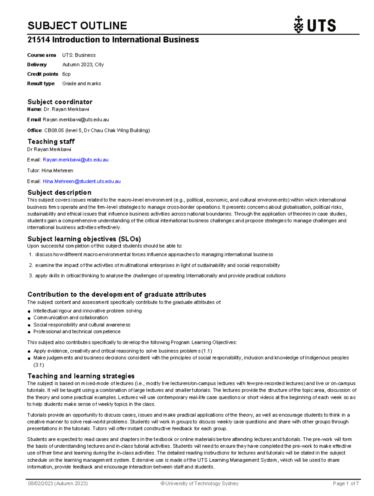 Intro to International Bus Subject Outline - SUBJECT OUTLINE 21514 ...