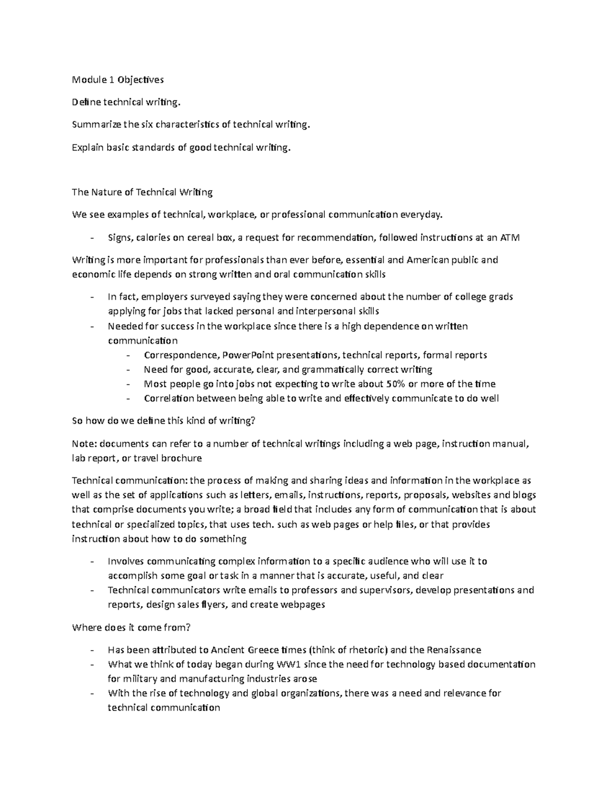 Tech comm notes - Module 1 Objecives Deine technical wriing. Summarize ...