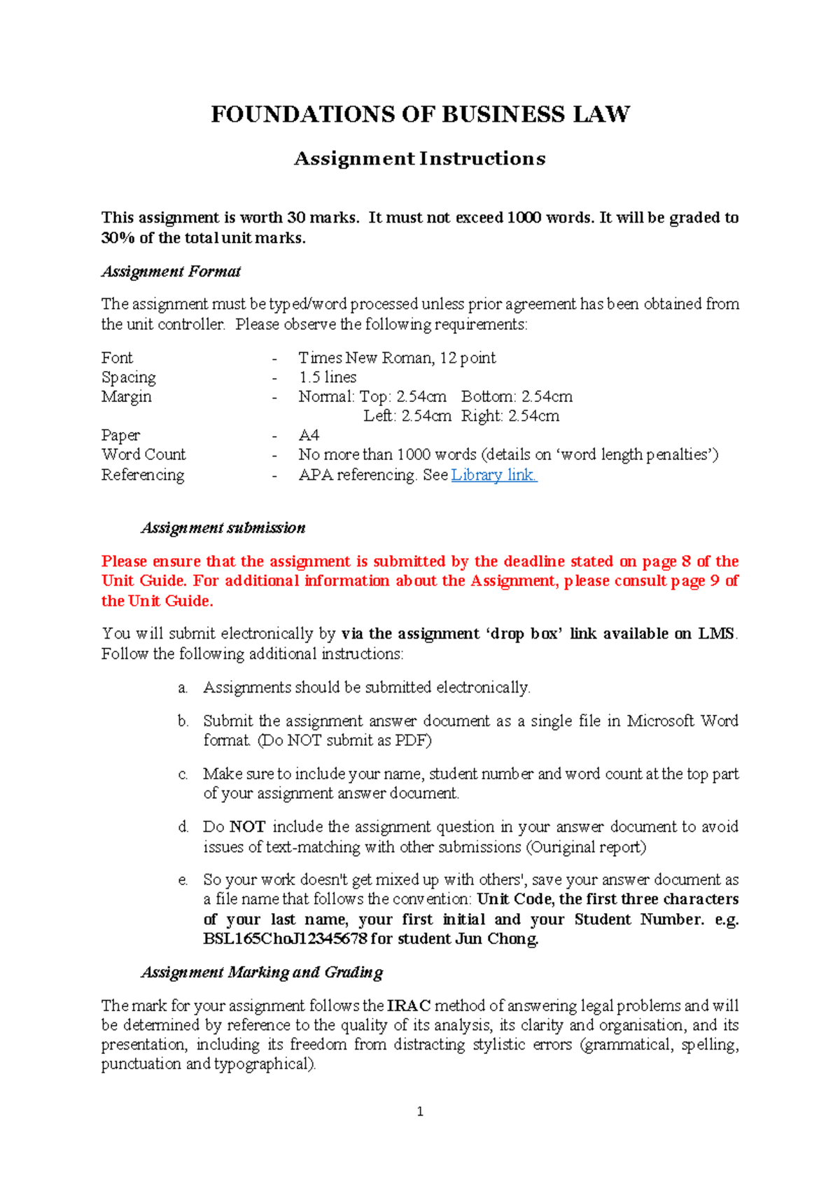 Assignment Instructructions - 1 FOUNDATIONS OF BUSINESS LAW Assignment ...