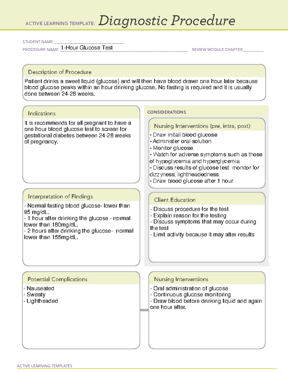 Diagnostic Procedure 1-Hour Glucose Test - NUR1310 - ACTIVE LEARNING ...