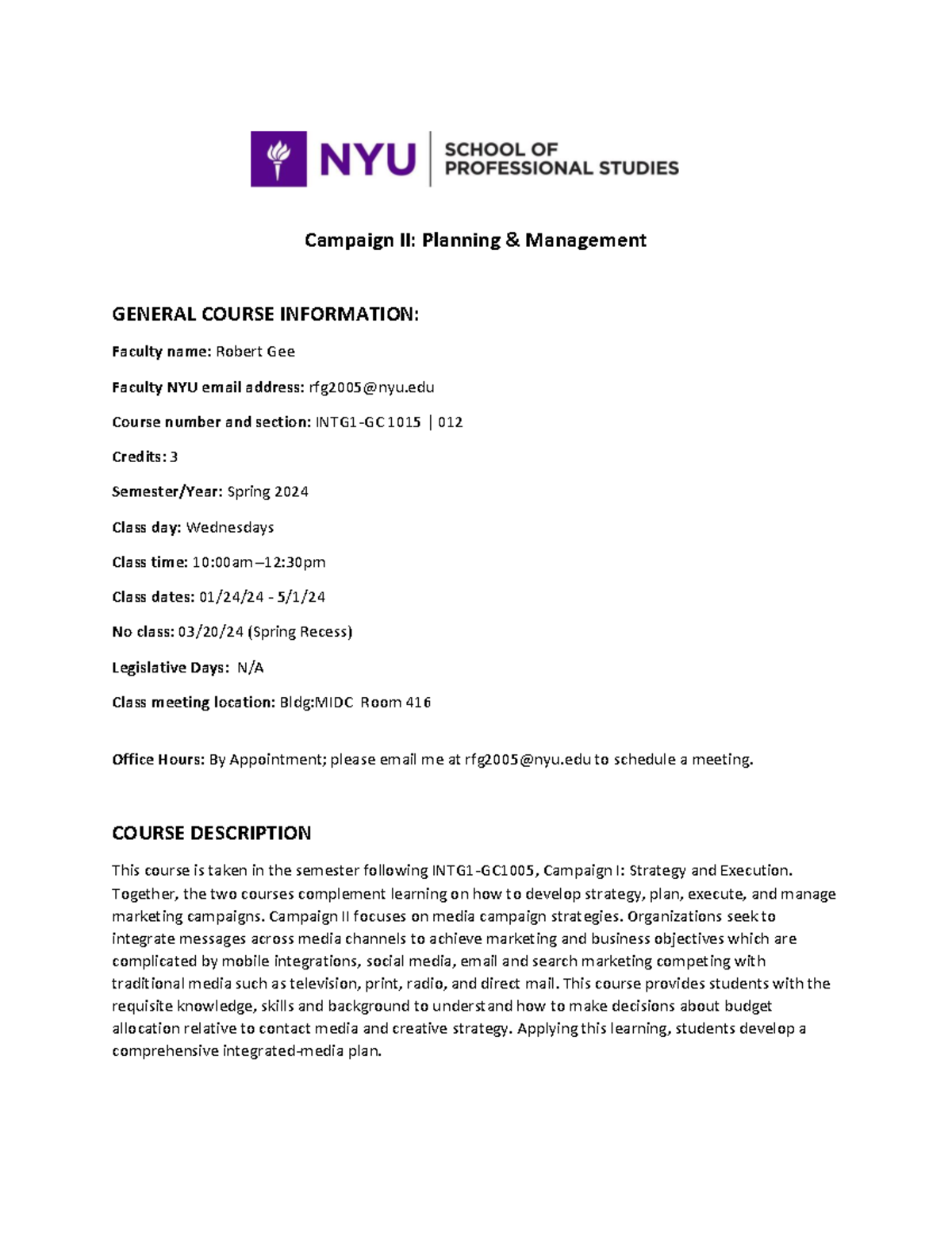 NYU SPS INTG1 - GC1015 Section 012 - Spring 2024 Syllabus ...
