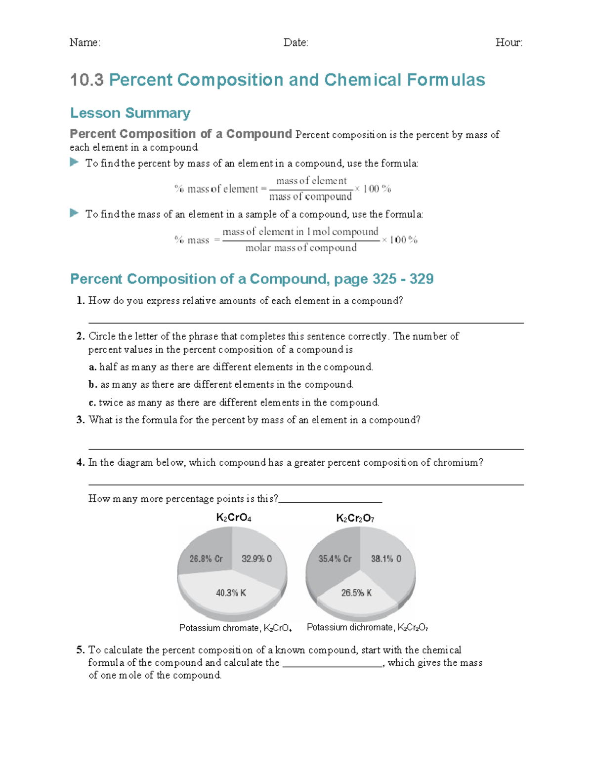 Chem 10.3 Percent Comp 2024 - Name: Date: Hour: 10 Percent Composition ...