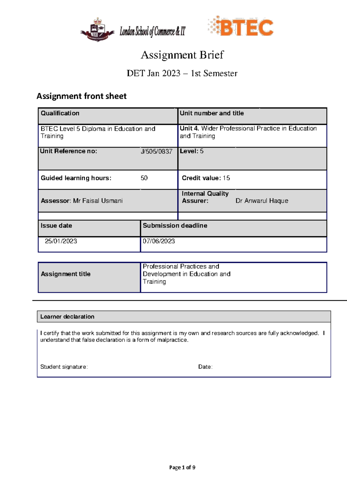 Unit 4. Faisal - DET Jan 2023 1st Semester - Assignment Brief DET Jan 2023 – 1st Semester ...
