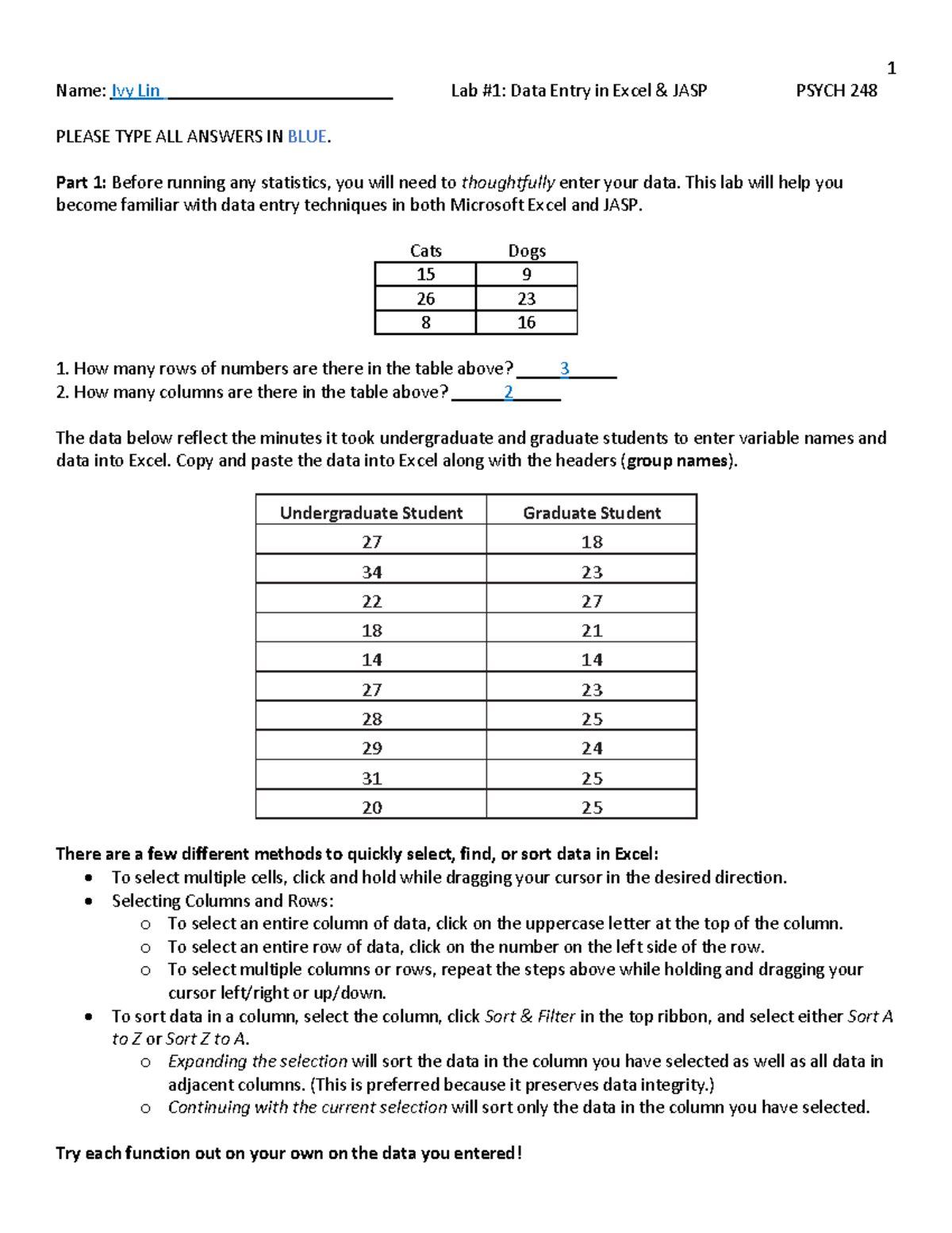 Lab #1 Worksheet - lab work - 1 Name: Ivy Lin Lab #1: Data Entry in ...