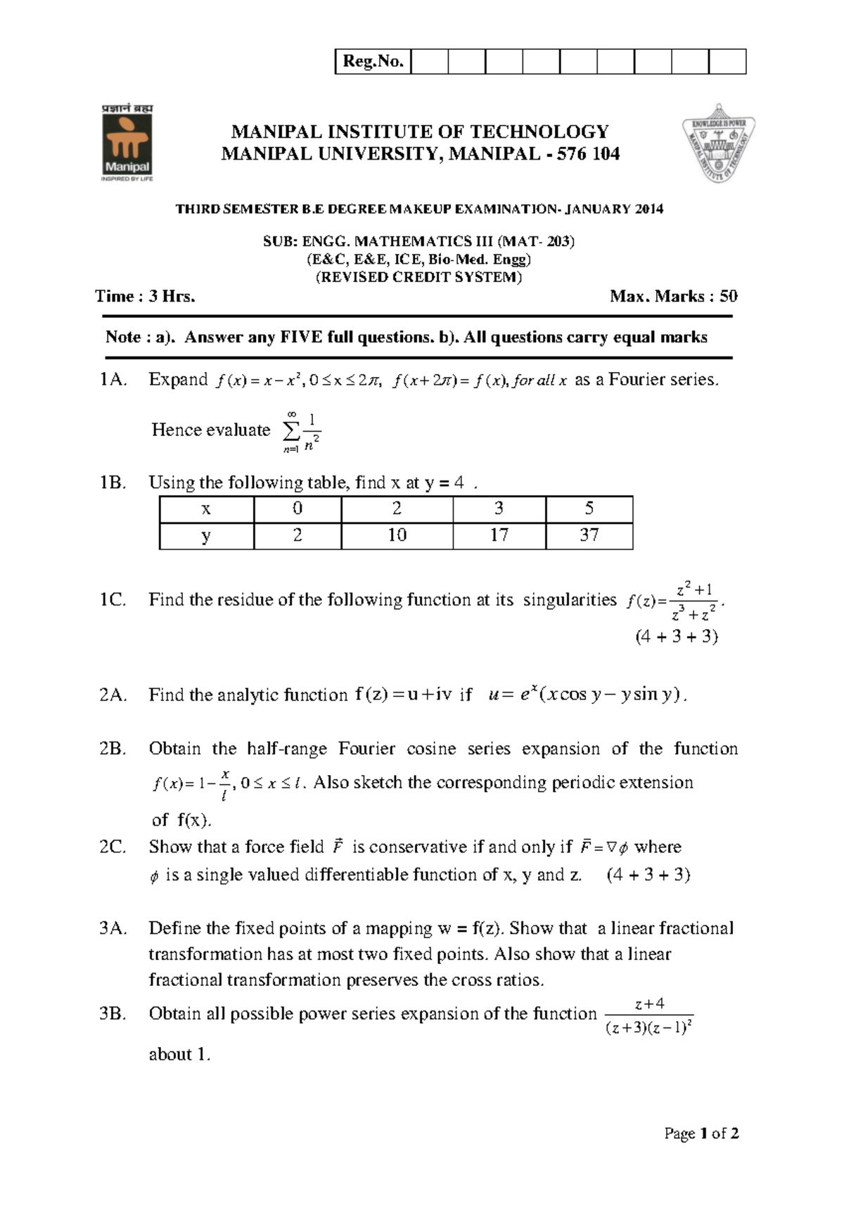 Engineering Mathematics III (MAT 203) RCS (Makeup) - ####### Page 1 of ...