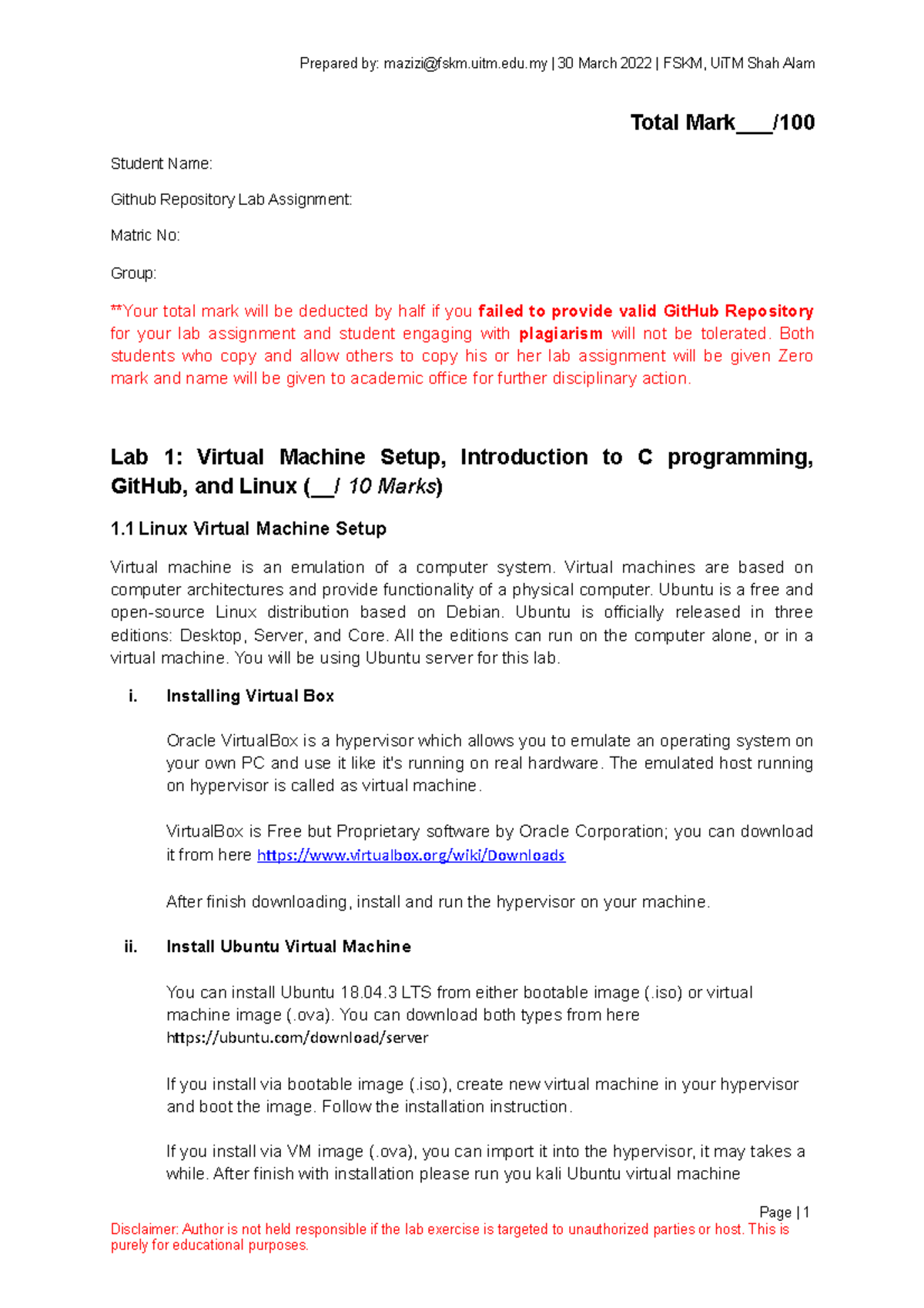 ITT440 - Lab Assignment - Total Mark___/ Student Name: Github Repository Lab Assignment: Matric ...