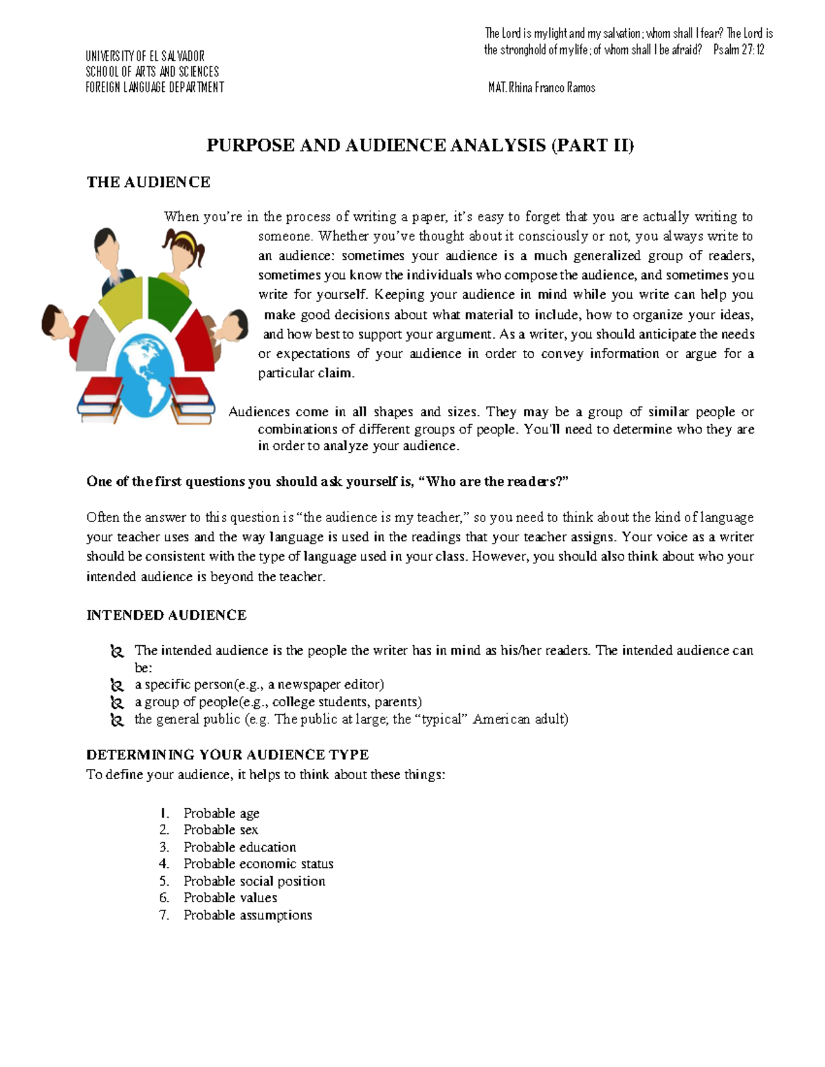 Purpose AND Audience Analysis (PART II) 2023 - UNIVERSITY OF EL ...