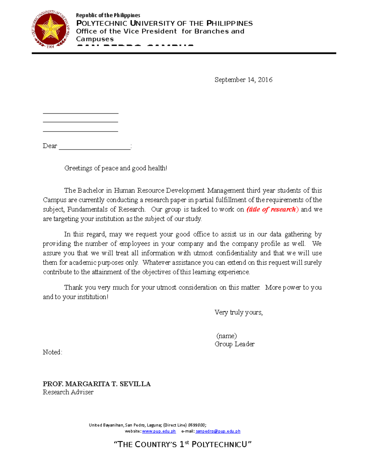 Pupspc Letter to Conduct Survey - Republic of the Philippines ...